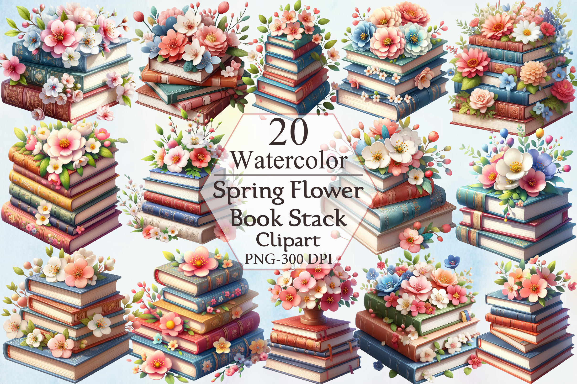 Spring Flower Book Stack Clipart, an Illustration by designcity5