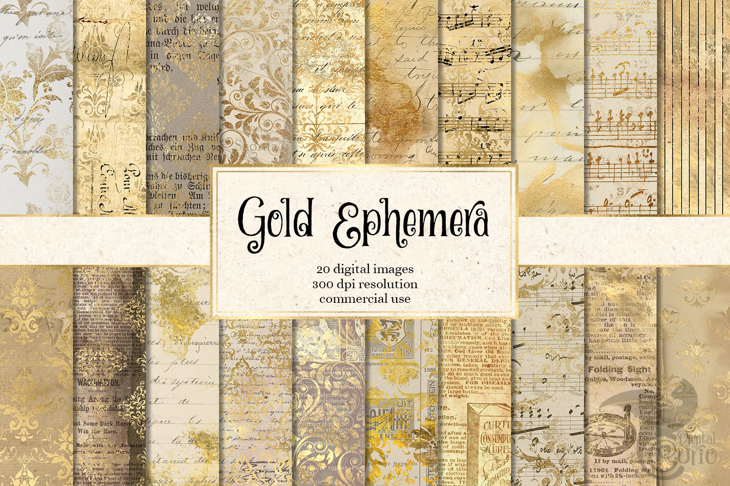 Gold Ephemera Digital Paper, a Texture Graphic by Digital Curio ...