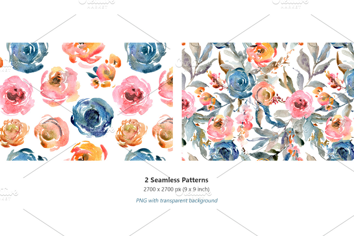 Watercolor Pink & Blue Flowers Png, an Illustration by GraphicsDish