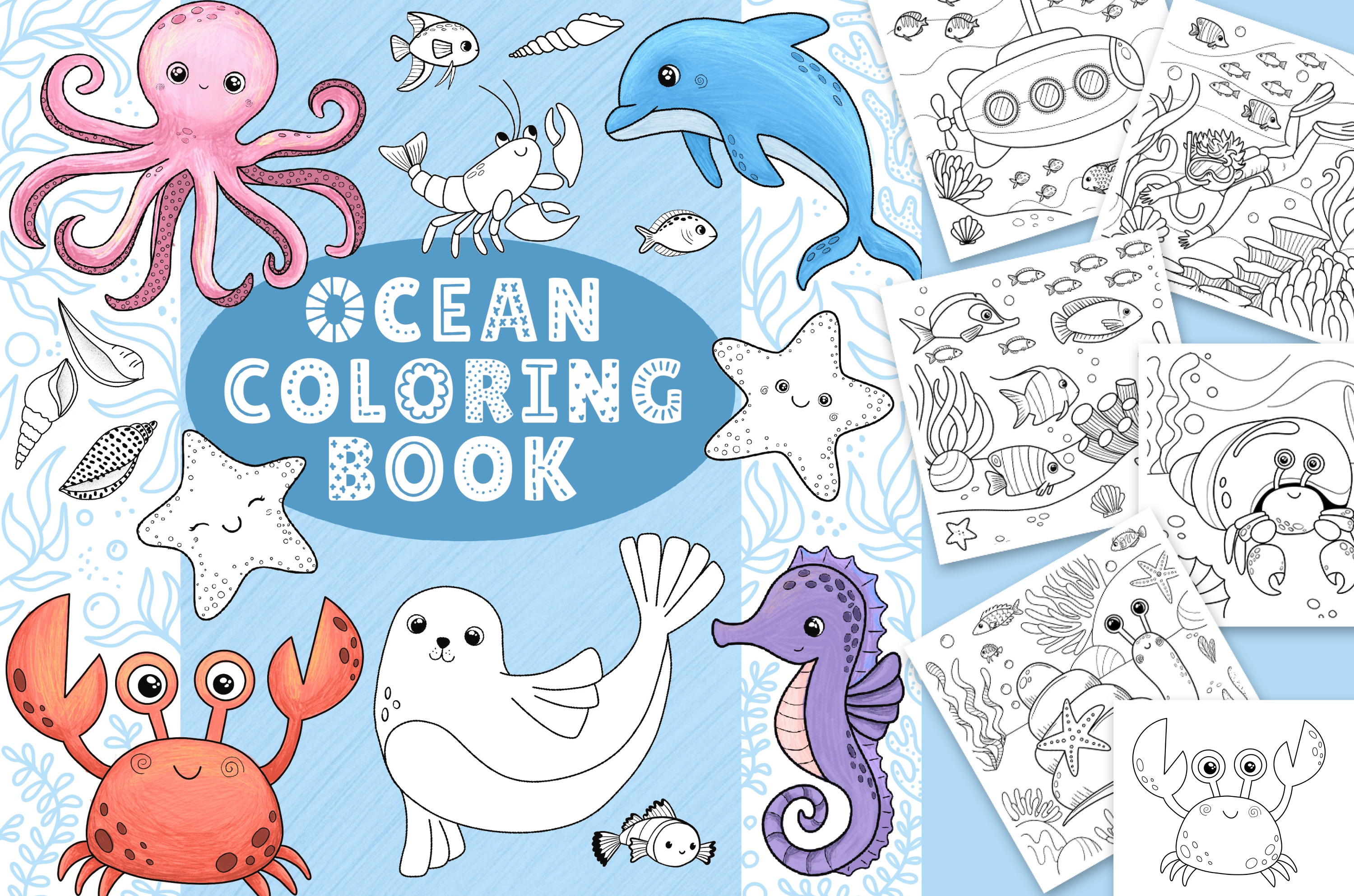 50 Printable Ocean Coloring Pages, an Animal Illustration by LikaYu