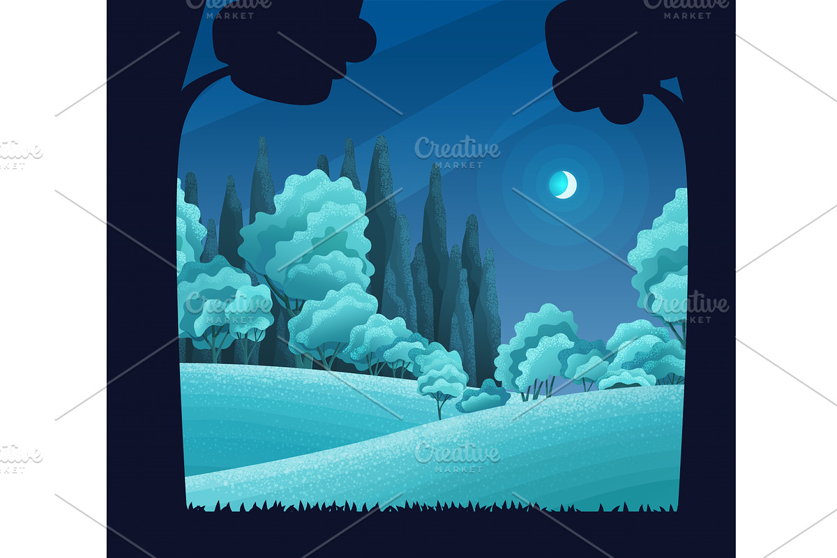 Night in forest, vector art cartoon, an Illustration by robuart