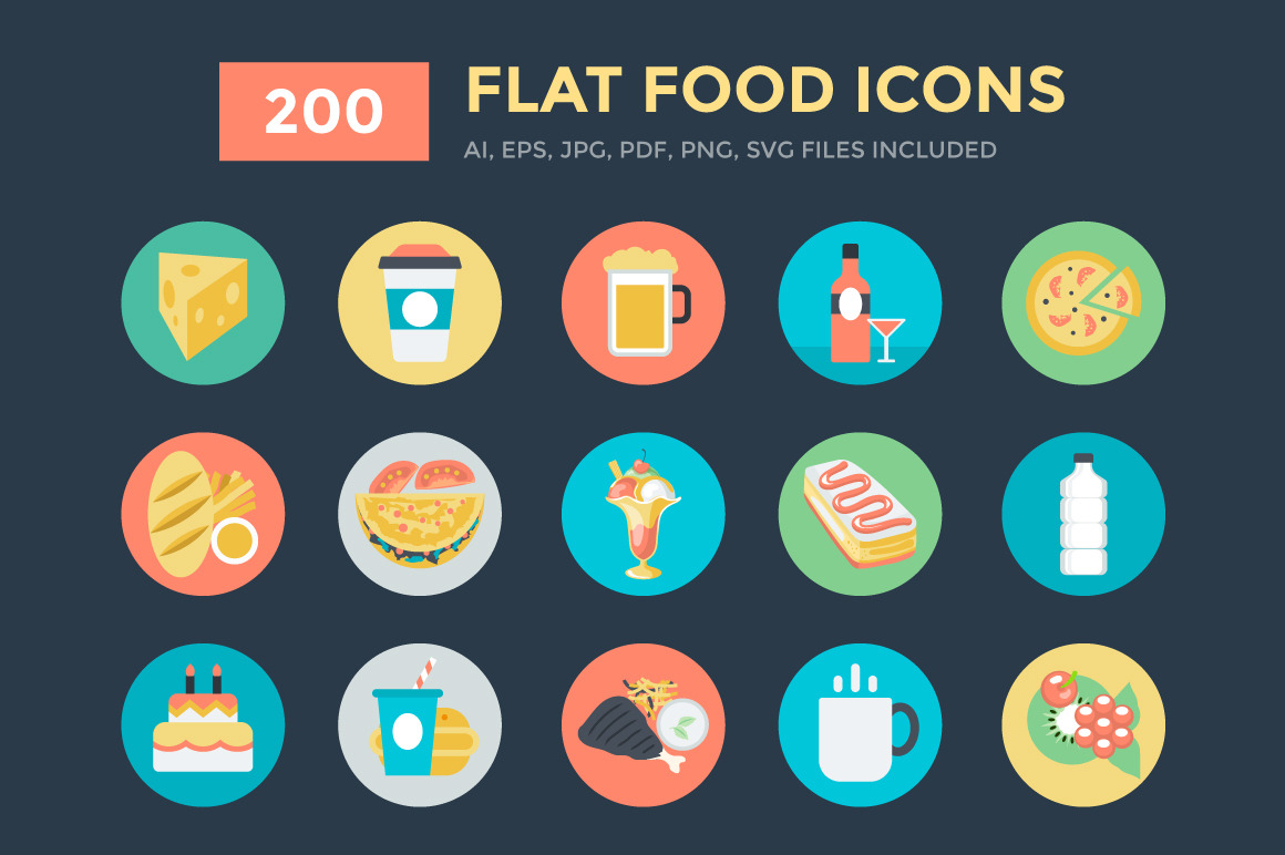 200 Flat Food Vector Icons | Icons ~ Creative Market