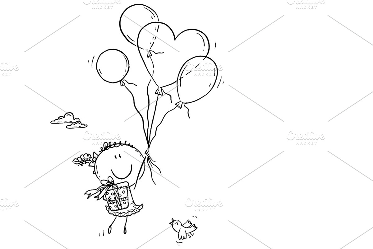 girl flying balloons greeting card, a Person Illustration by Bubert Art