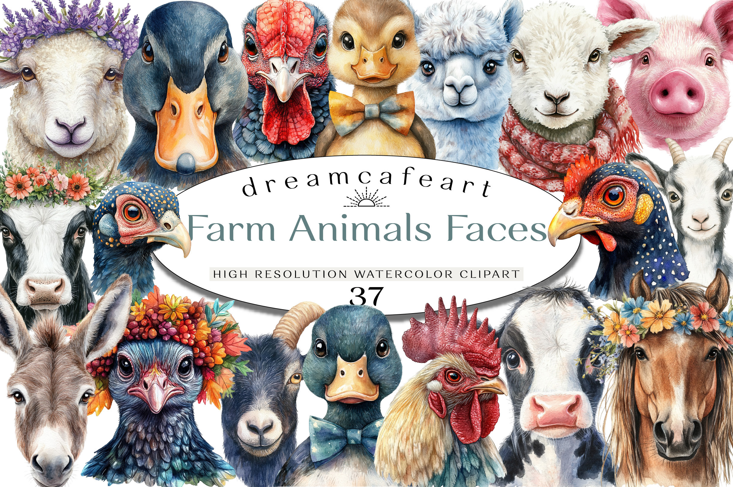 Farm Animals Faces Bundle, an Animal Illustration by DreamCafeArt