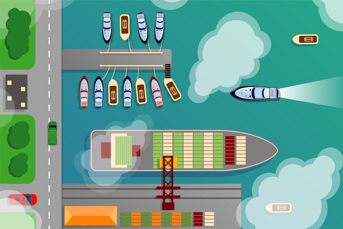 Sea terminal port with cargo ship, an Object Illustration by ...