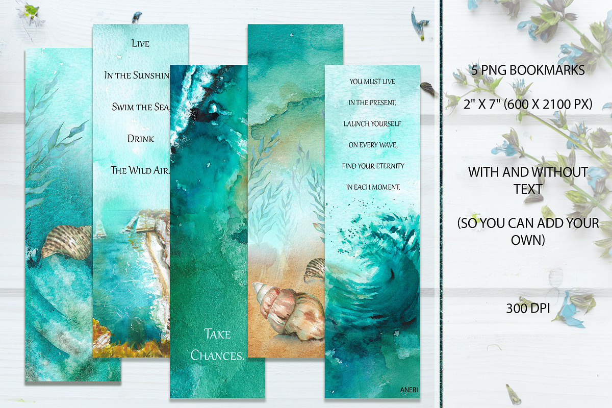 Turquoise Ocean Bookmarks with Quotes