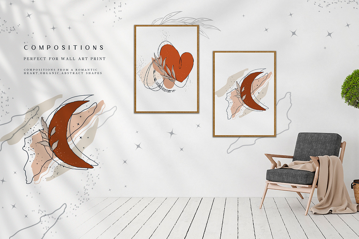 Abstract, organic, geometric shapes, with a natural tropical leaf, branch