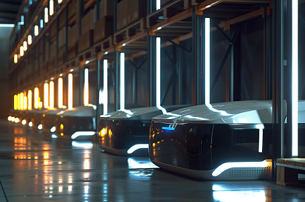 Driverless car forklift robot lifting and moving pallets cardboard box ...