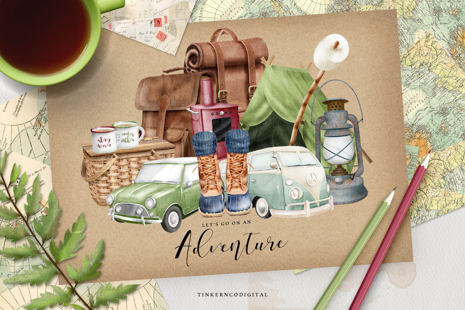 Camping Adventure Clipart and Papers, an Illustration by Tinkerncodigital