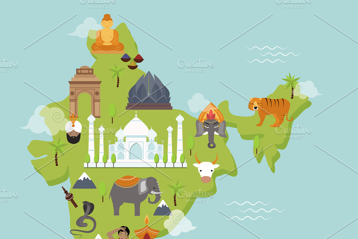 India landmark travel map vector, a Person Illustration by ...