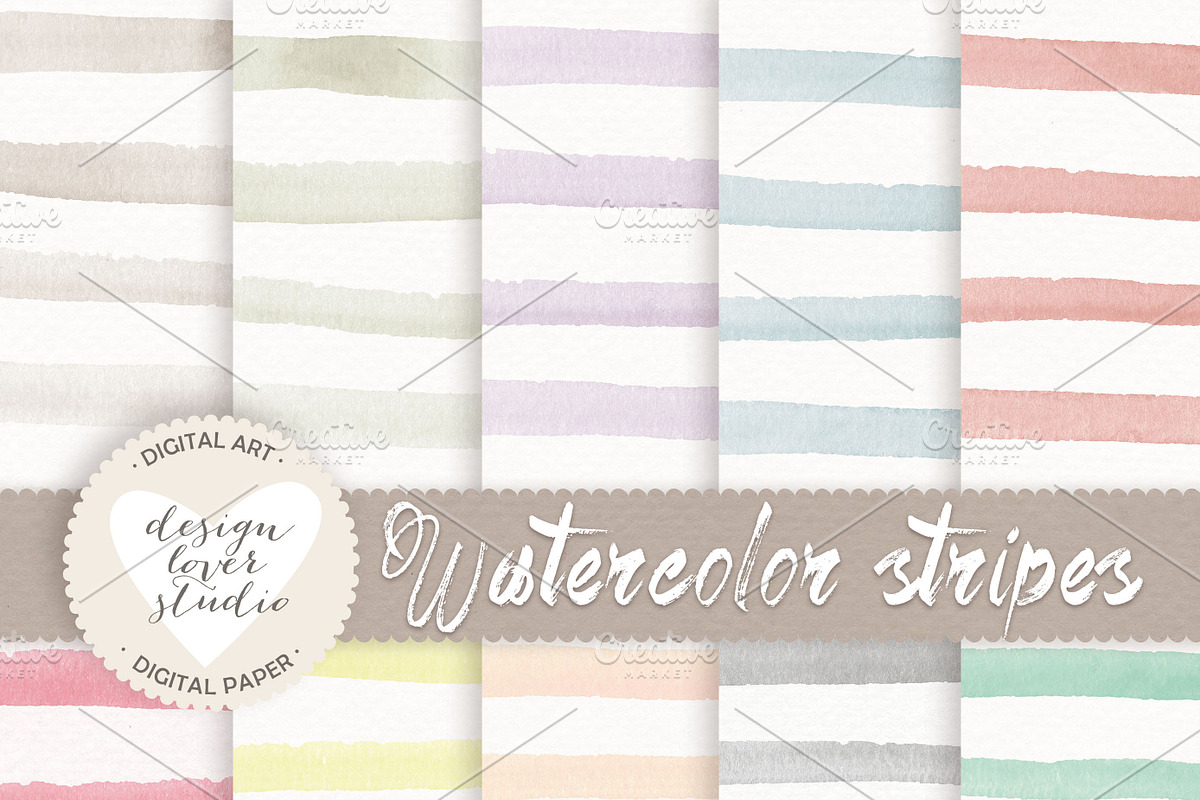 Watercolor stripes digital paper, a Pattern Graphic by designloverstudio