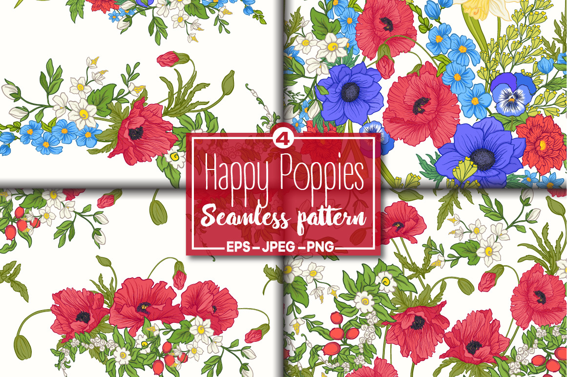 4 Happy Poppies Seamless Patterns, a Pattern Graphic by Elen-Lane