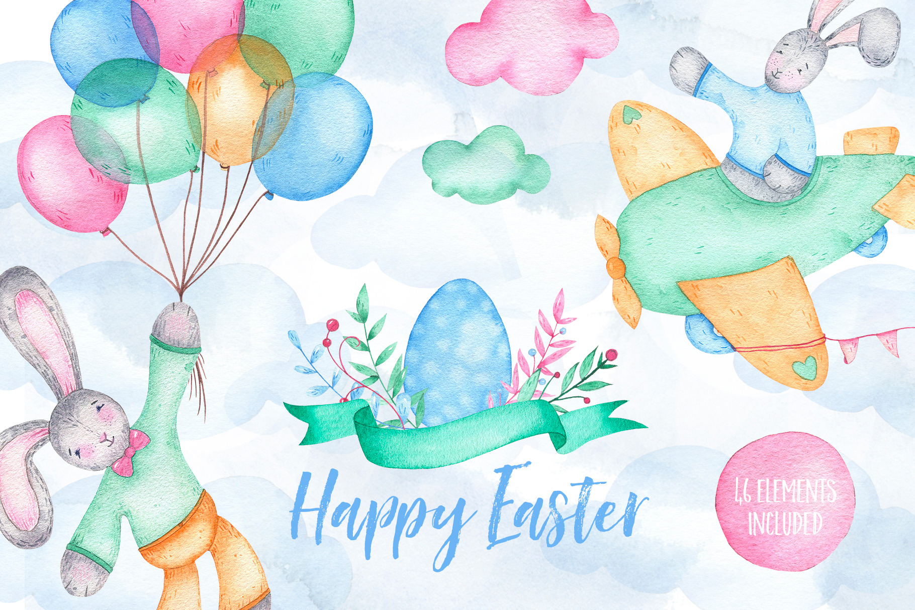 Happy Easter - watercolor clipart, an Illustration by Madiwaso