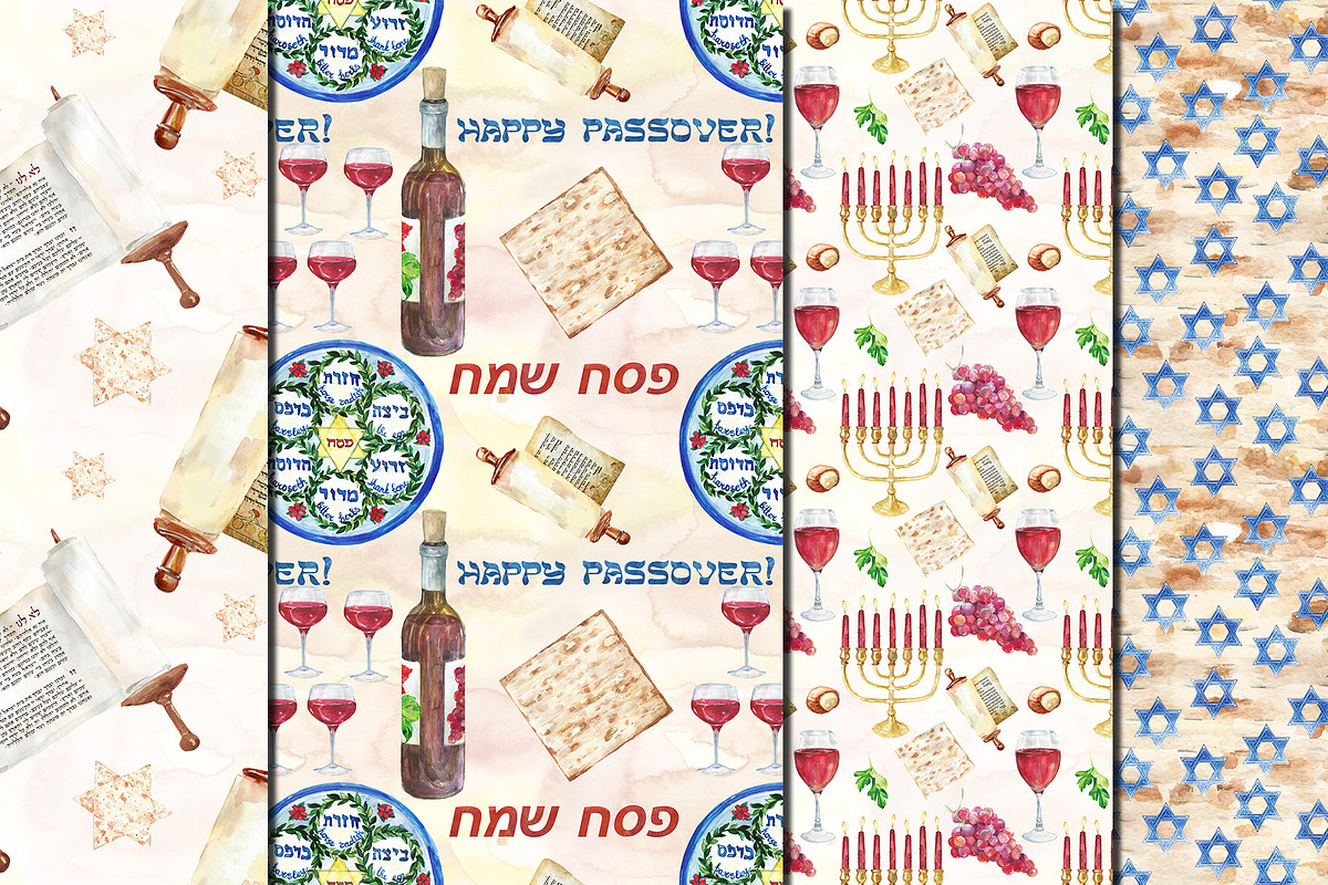 Watercolor Happy Passover patterns, a Pattern Graphic by DollyPotterson ...