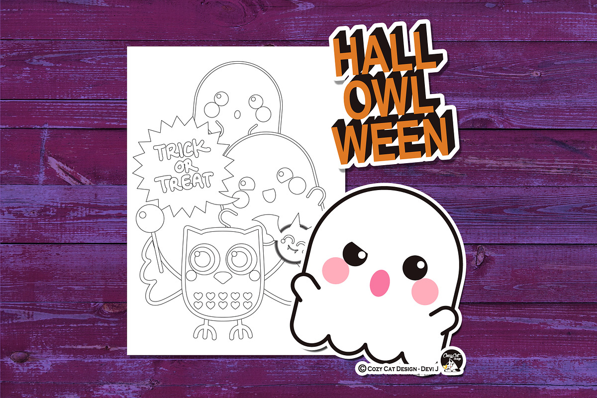 Owl Halloween Coloring Pages, an Illustration by Cozy Cat Design