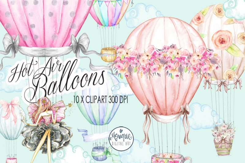 Hot Air Balloons Clipart Watercolor, an Illustration by Monique Digital Art