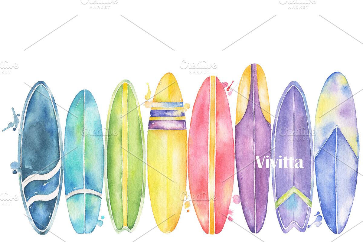 Surfing Watercolor Surfboards, an Illustration by Vivitta