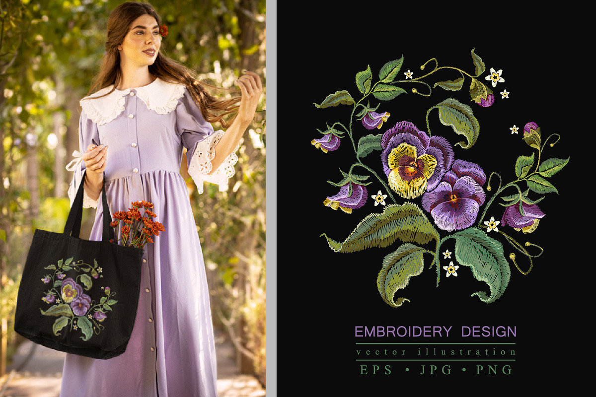 Violets flower embroidery, a Decorative Illustration by Matrioshka