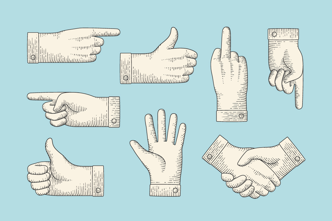 Set of vintage drawing of hand signs, an Education Illustration by ...