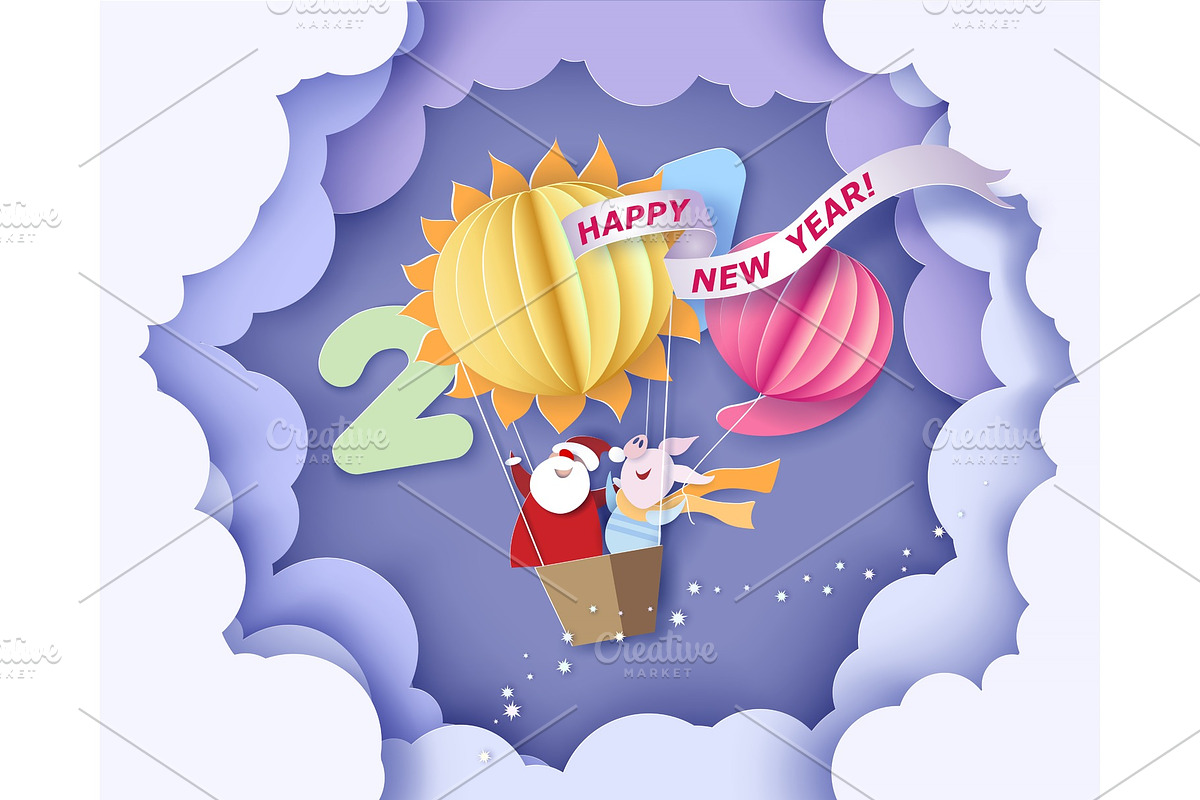 Happy New Year card. Color paper cut, an Object Graphic by Valenty