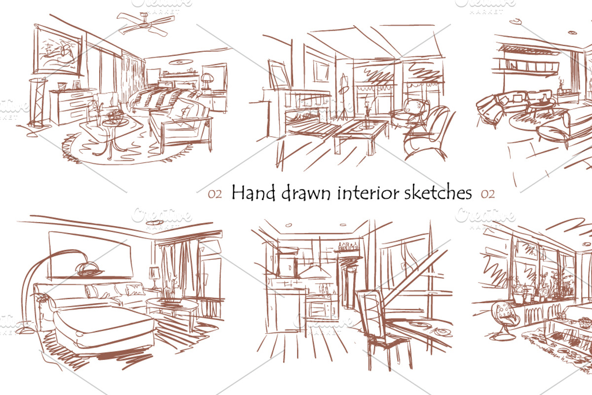 Set of hand drawn interiors 02, an Illustration by Digithings