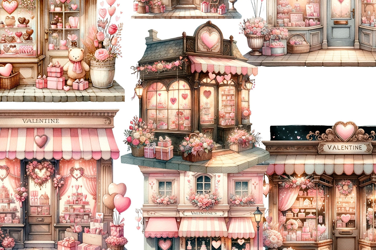 Valentine Shops Clipart Bundle, a Seasonal Illustration by Tanya Kart
