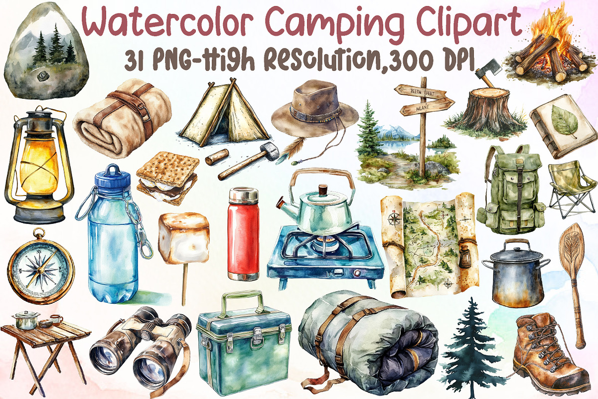 Watercolor Camping Clipart - Travel, an Illustration by Sublimation Artist