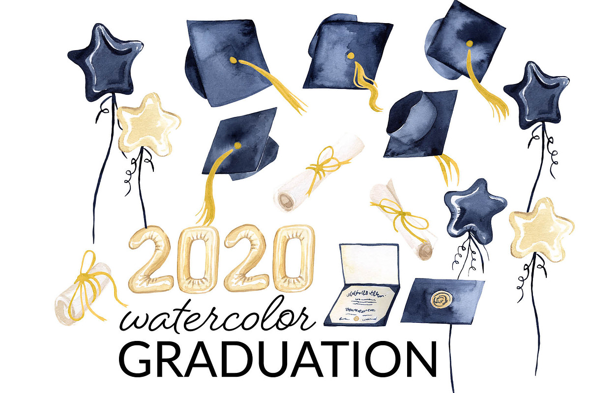 Watercolor Graduation Clipart, an Illustration by Digital Press Creation
