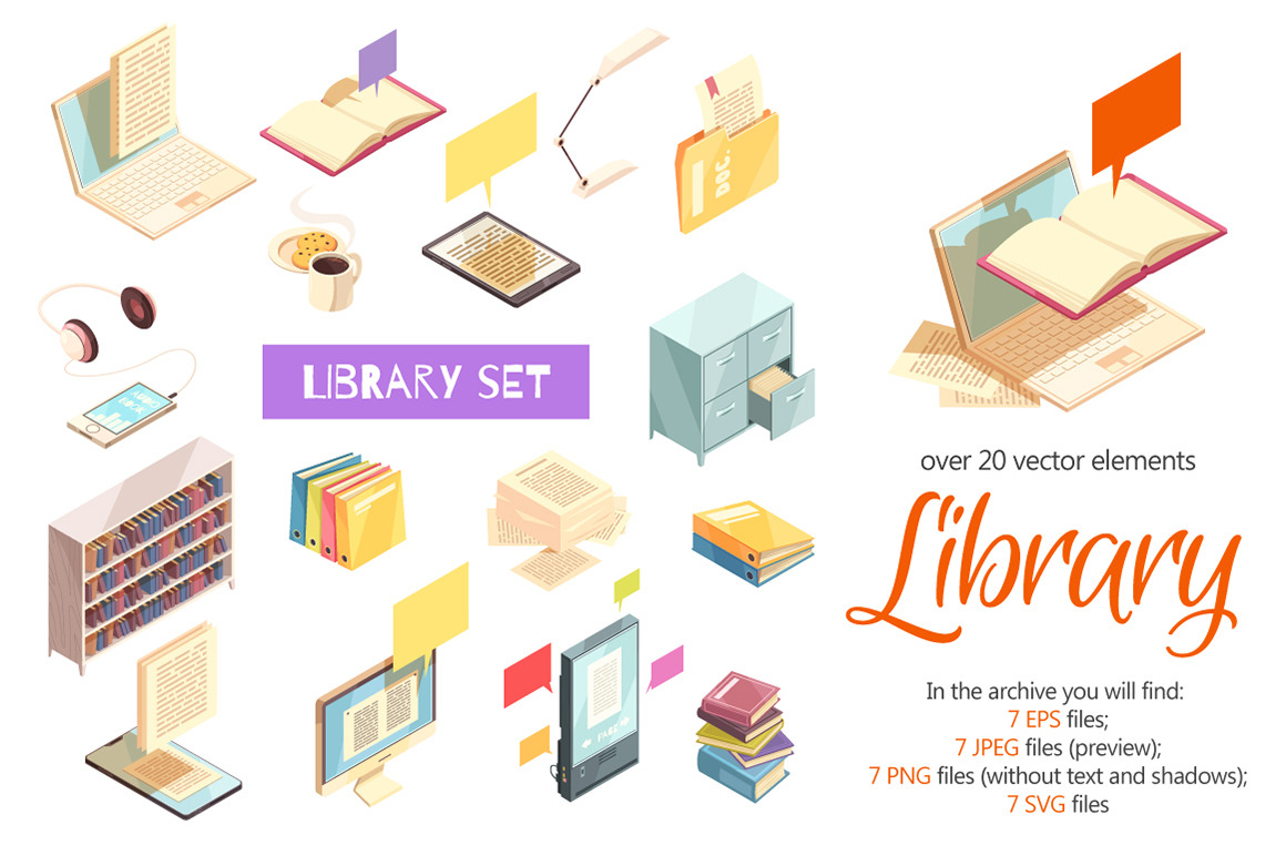 Library Isometric Set, an Education Illustration by Macrovector