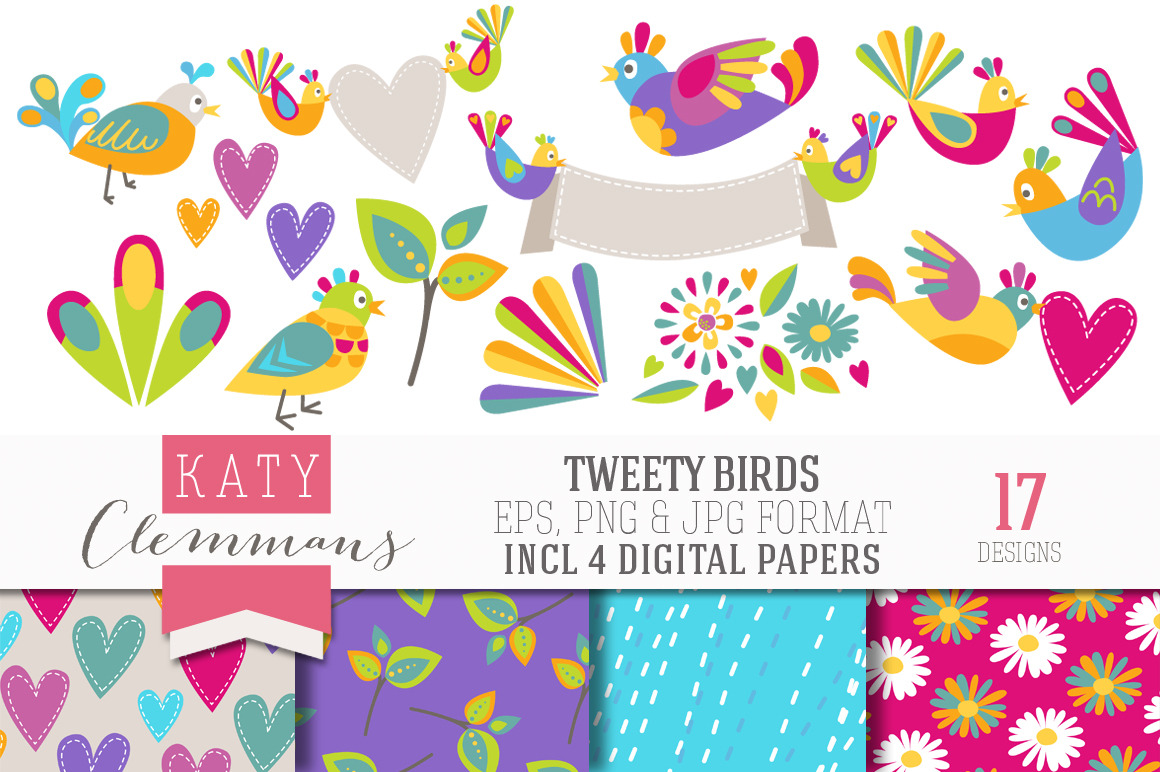 TWEETY BIRDS clip art & papers, an Illustration by Katy Clemmans