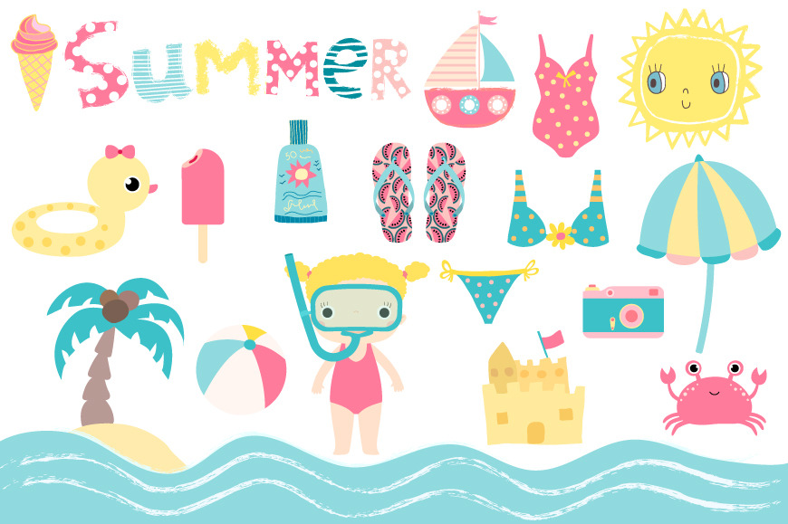 Summer beach holiday clipart set, an Illustration by Pravokrugulnik