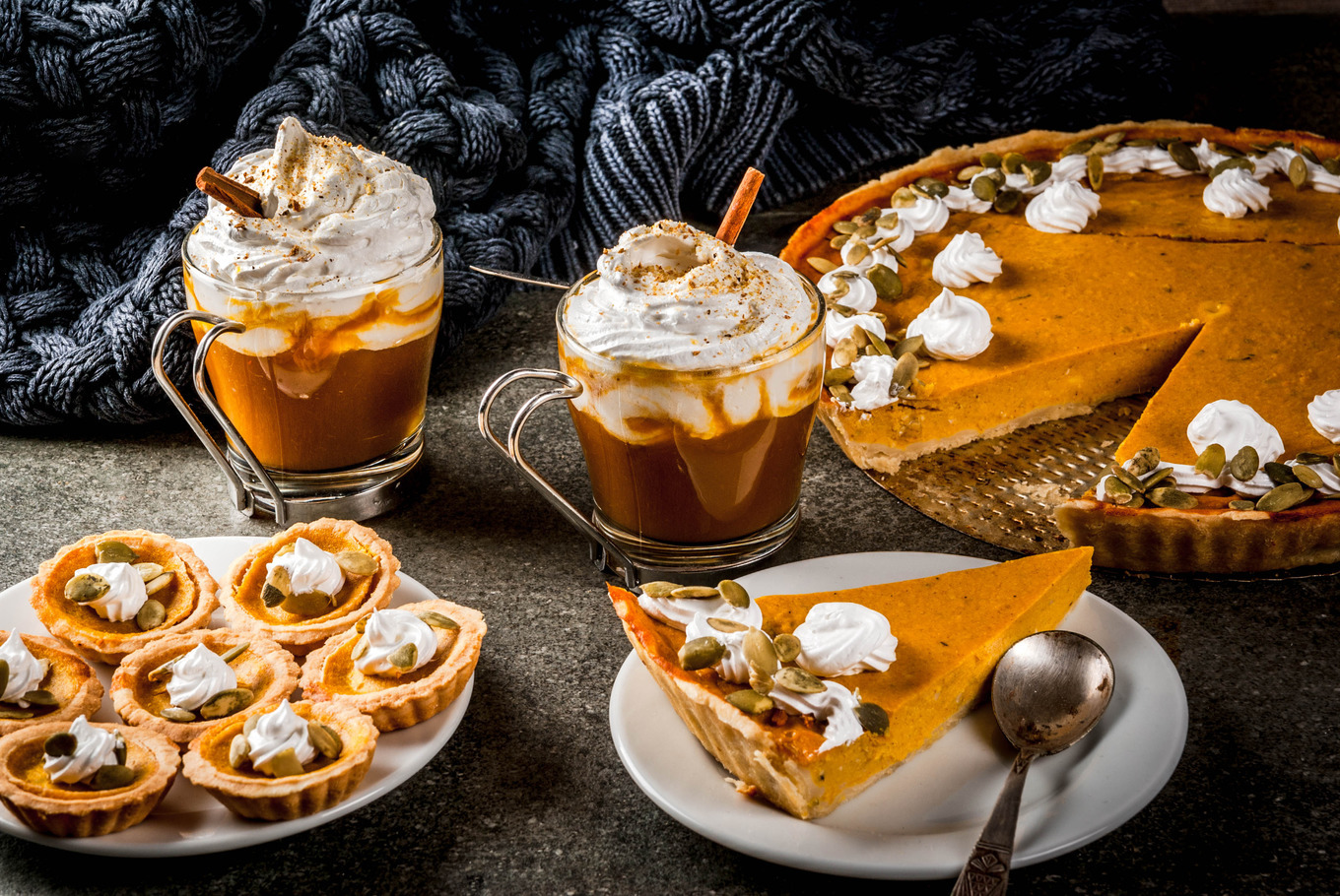 Pumpkin pie tartlets and latte stock photo containing pumpkin and ...