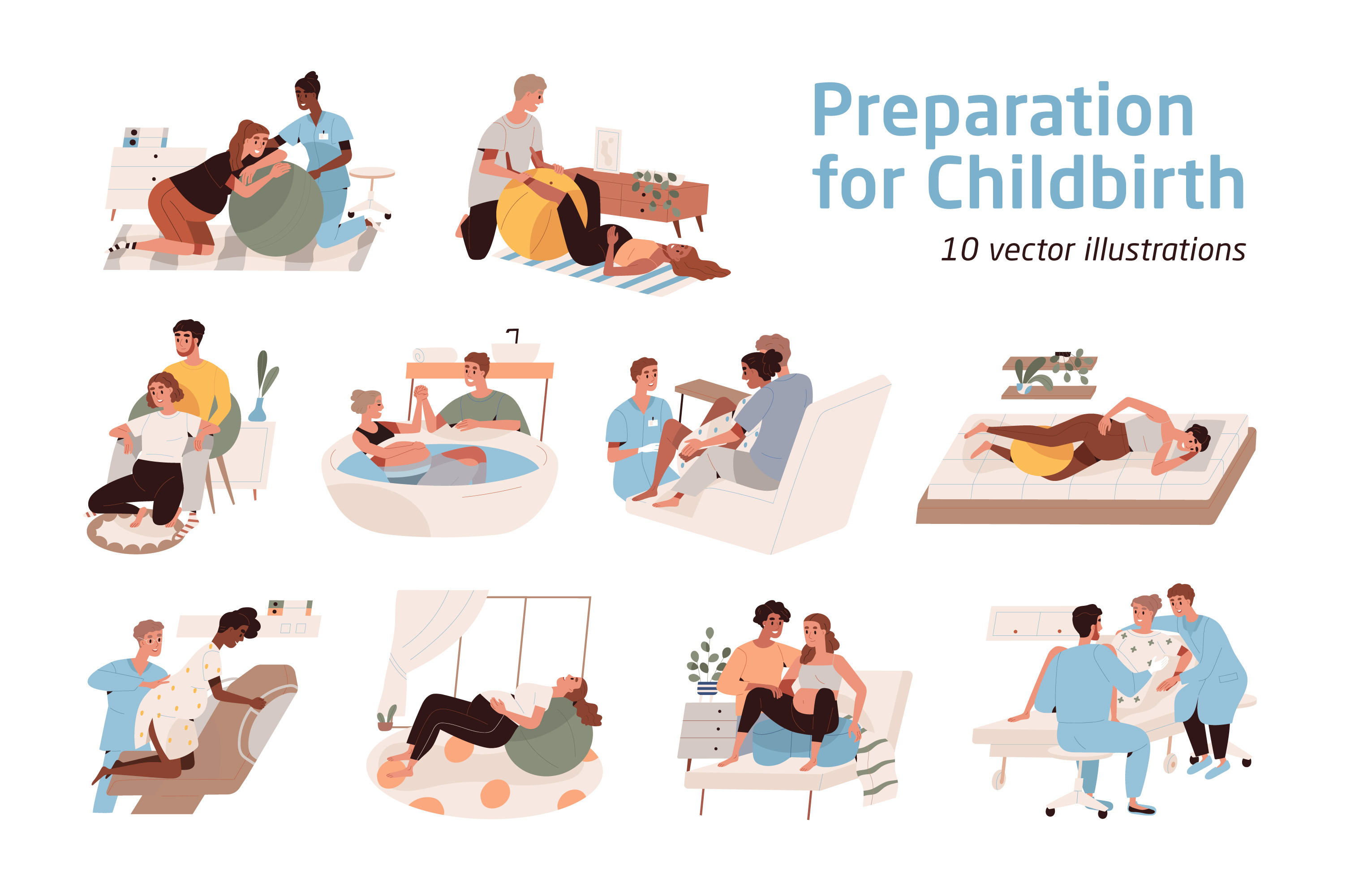 Women preparing for childbirth set, an Illustration by Good Studio