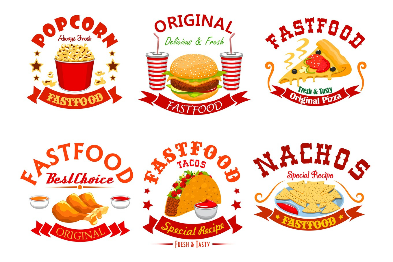 Fast food cafe badge set with takeaway dishes | Food Illustrations ...