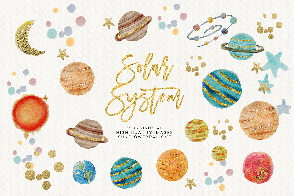 watercolor SOLAR SYSTEM clipart, an Illustration by Sunflower Day Love