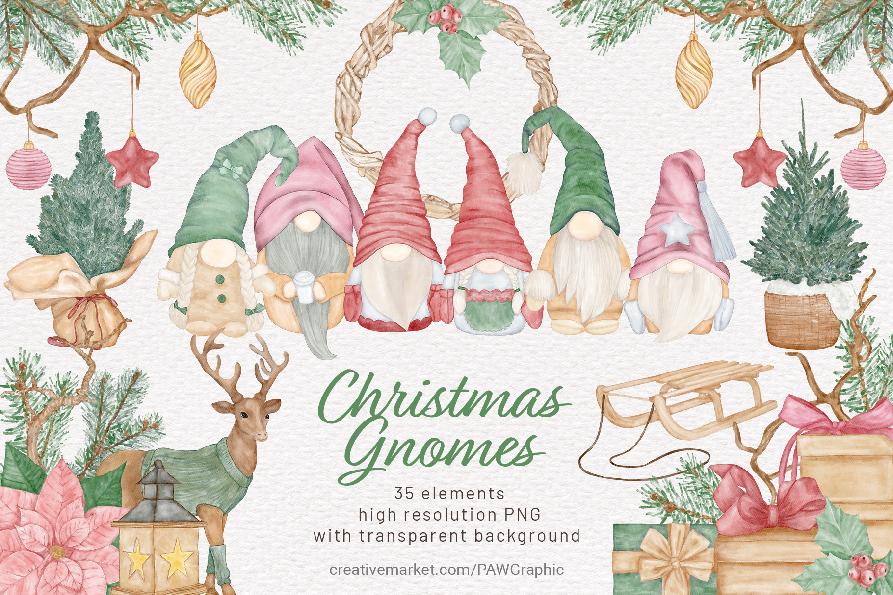 Christmas Gnomes Watercolour Clipart Winter Holidays Xmas Tree Clip Art