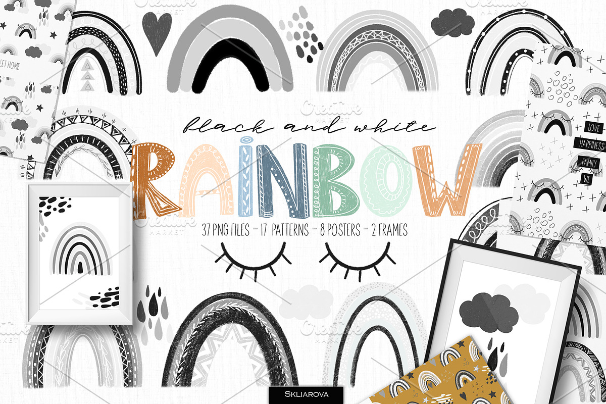 Black and white rainbow clipart, an Illustration by Skliarova