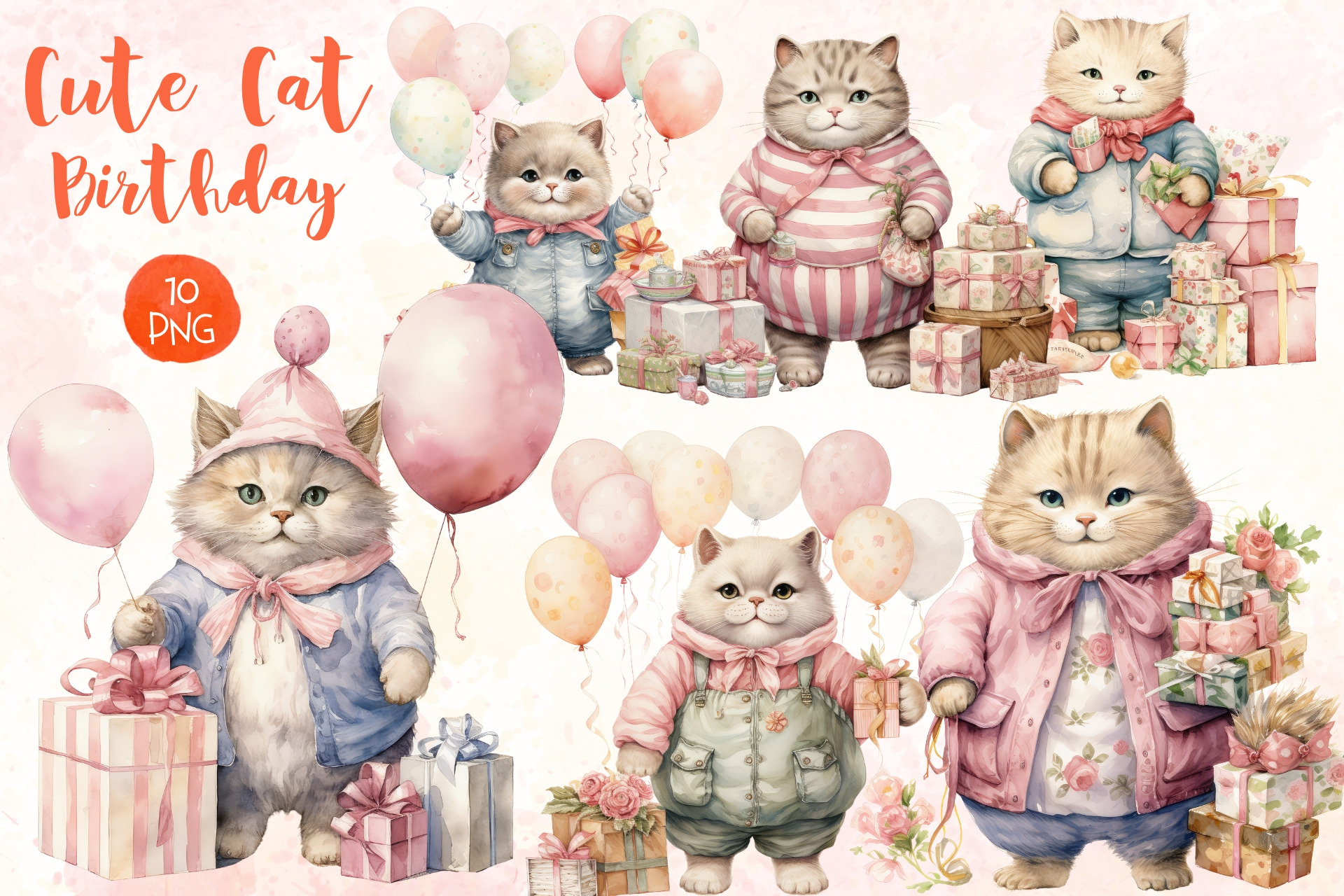Cute Cat Birthday Watercolor Clipart, an Animal Illustration by Maysa Art