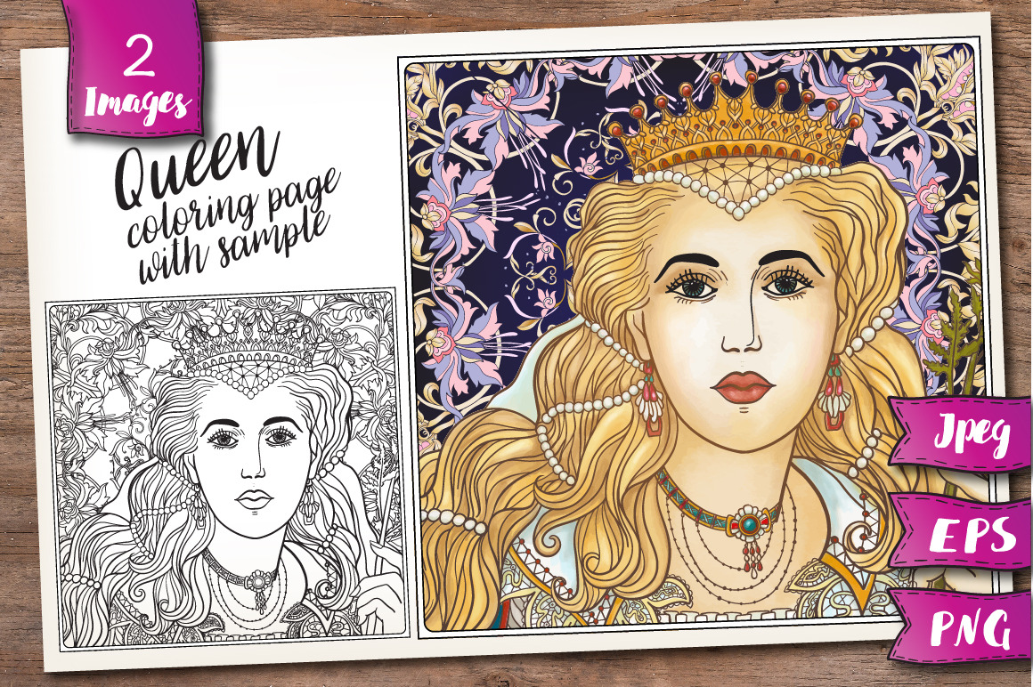 Queen. Coloring page with example., an Illustration by Elen-Lane ...