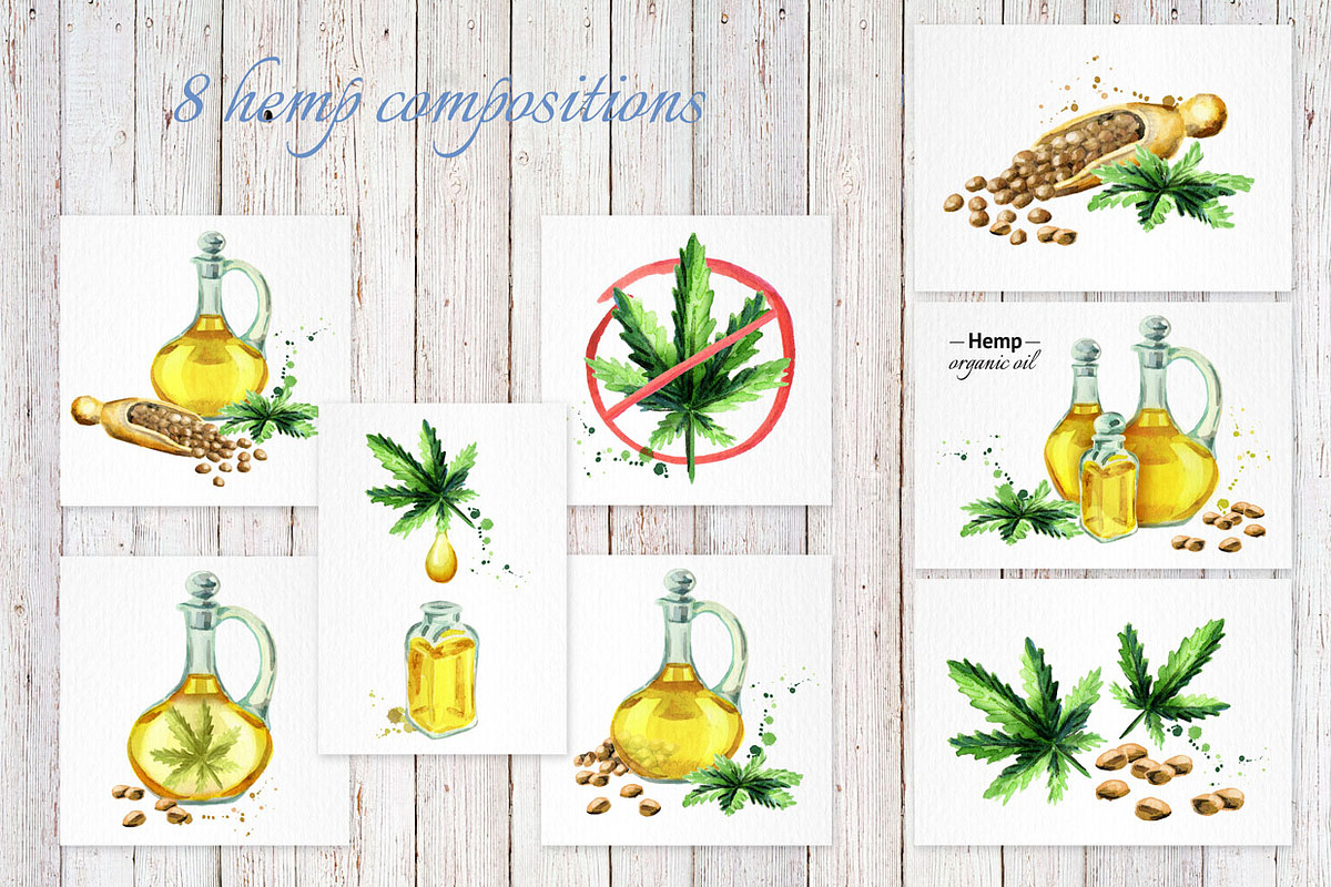 HEMP bundle. Hand painted watercolor, a Food Illustration by Daria ...