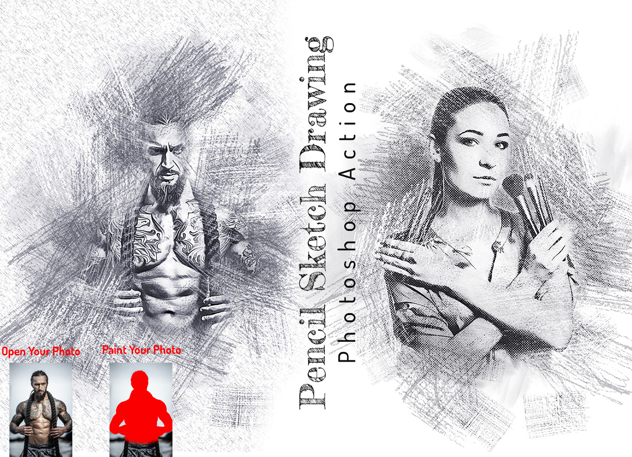 Pencil Sketch Drawing PS Action, an Action Add-On by Studio Retouch