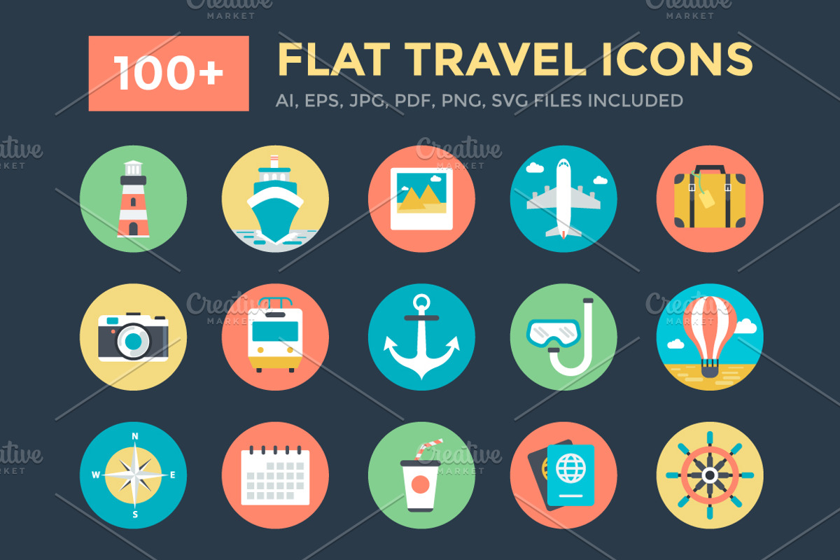100+ Flat Travel Icons, an Icon by Vectors Market