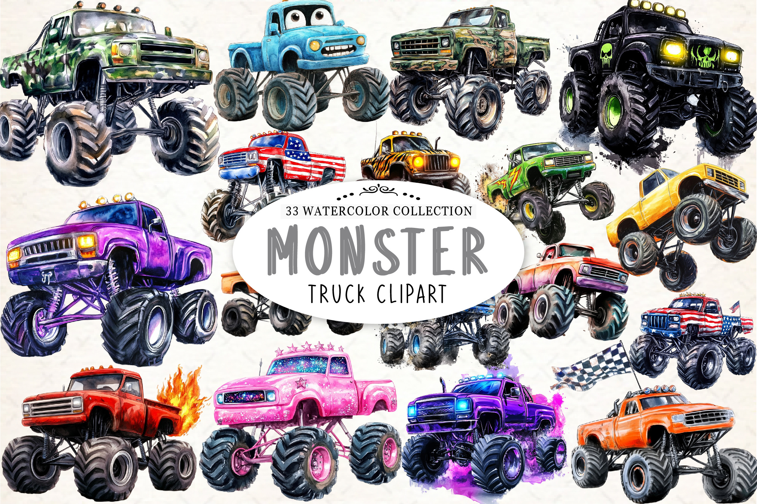 Monster Truck Watercolor Clipart, an Illustration by Watercolor design