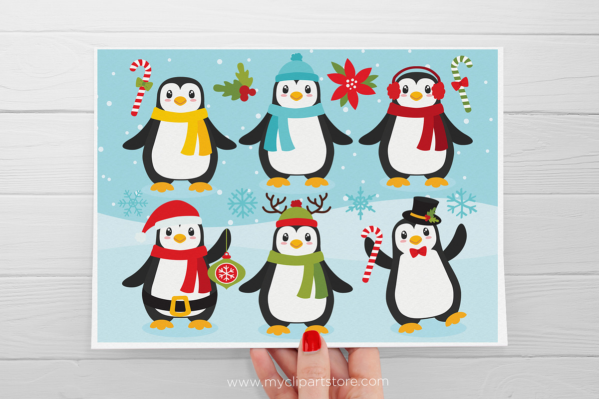 Christmas, Wintery Penguins Clipart, a Seasonal Illustration by ...