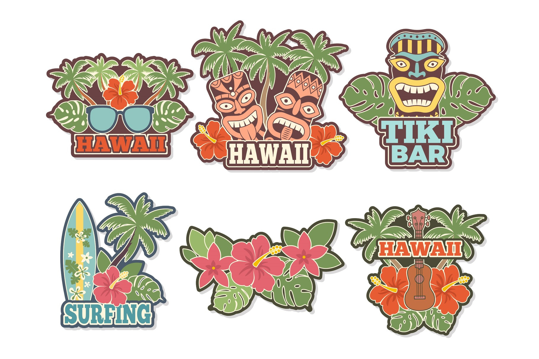 Different colored stickers and badges set with symbols of hawaiian ...