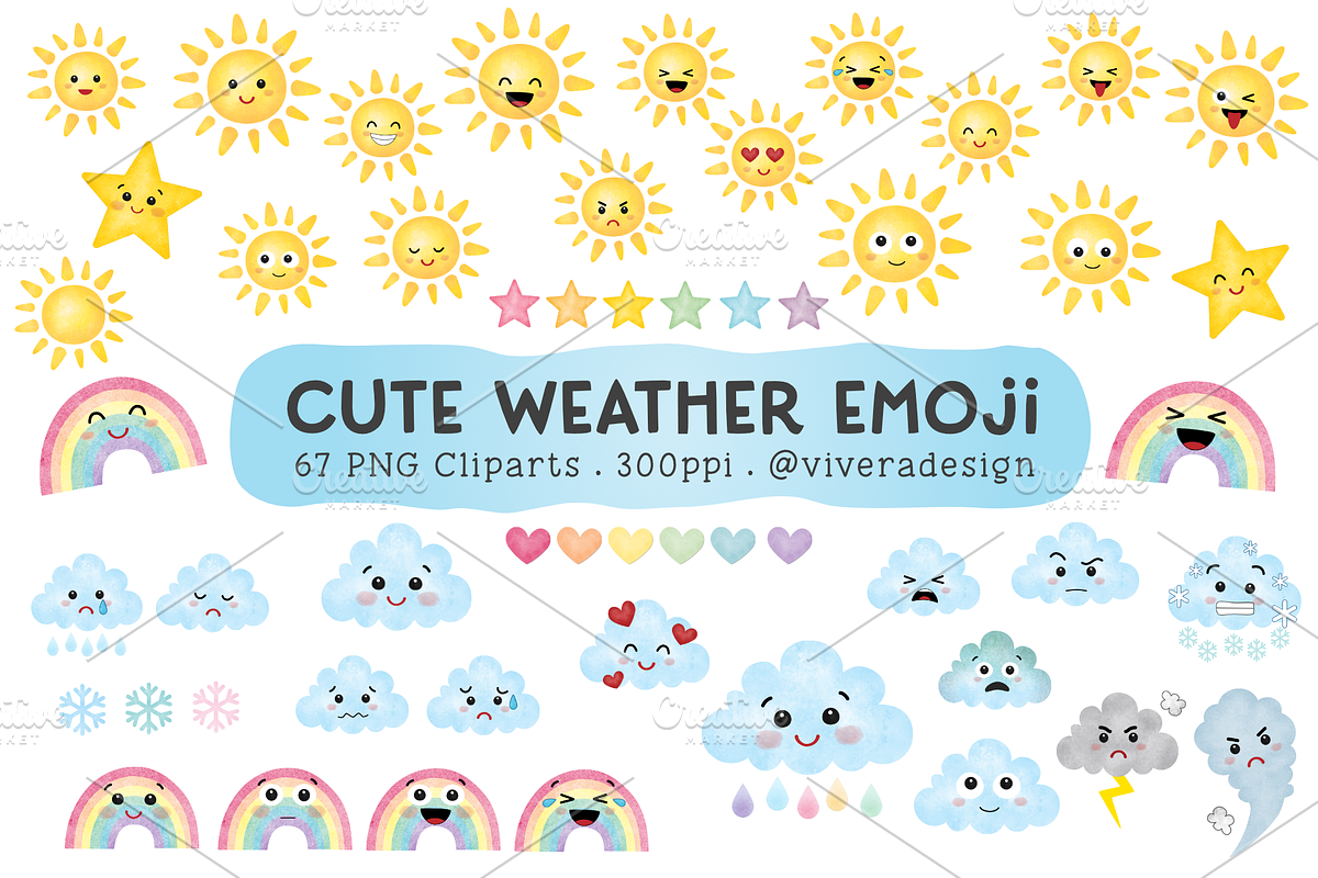 Cute Weather Emoji Cliparts, an Illustration by Vivera Design