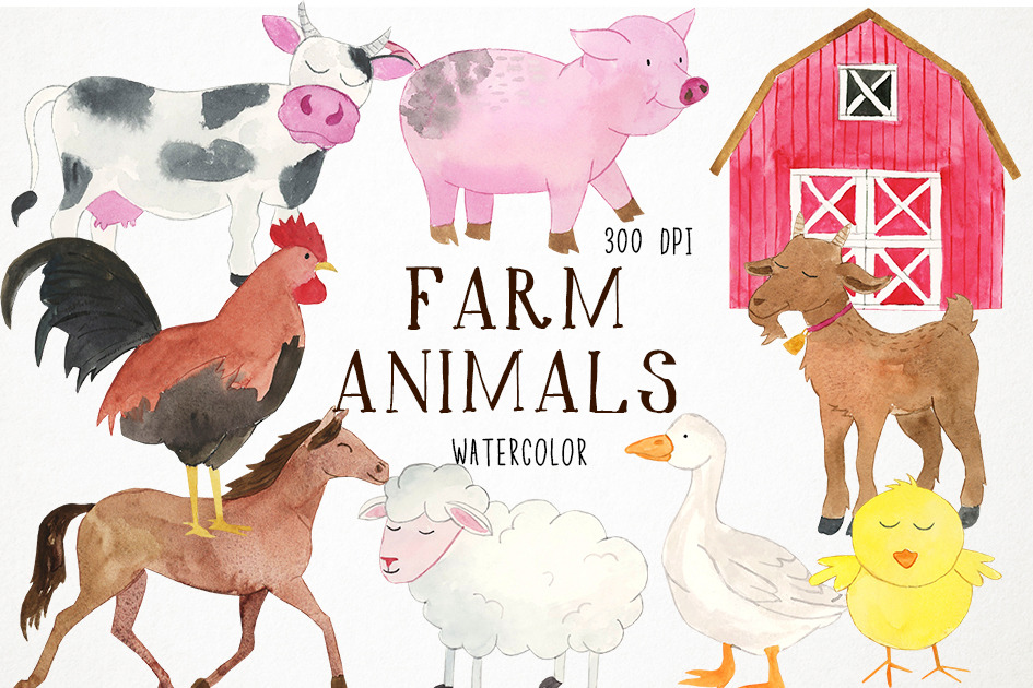 Watercolor Farm Animals Clipart, an Animal Illustration by Paulaparaula