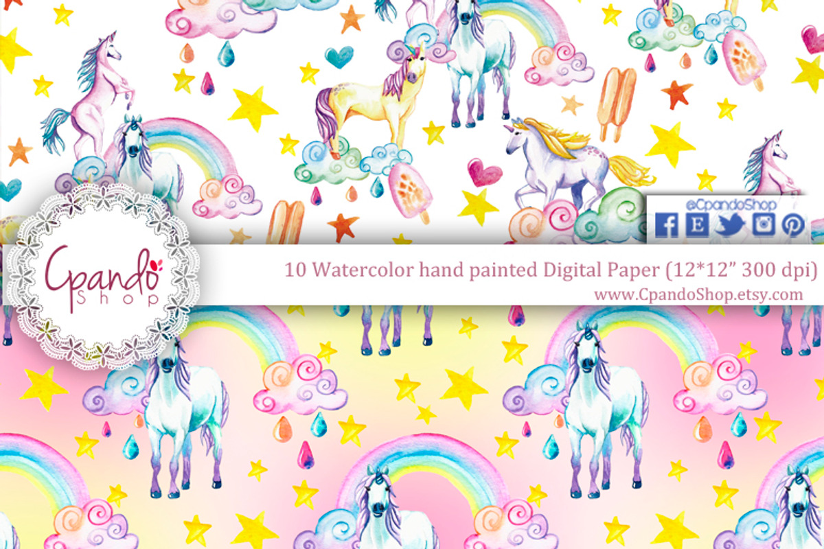 Unicorn watercolor digital paper, a Pattern Graphic by CpandoShop