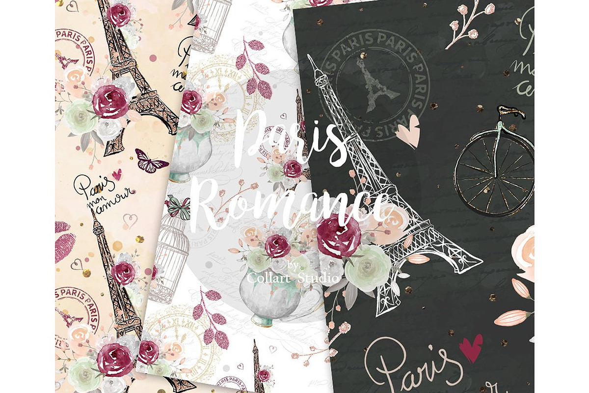 Paris digital paper, romantic papers, a Pattern Graphic by Collart Studio