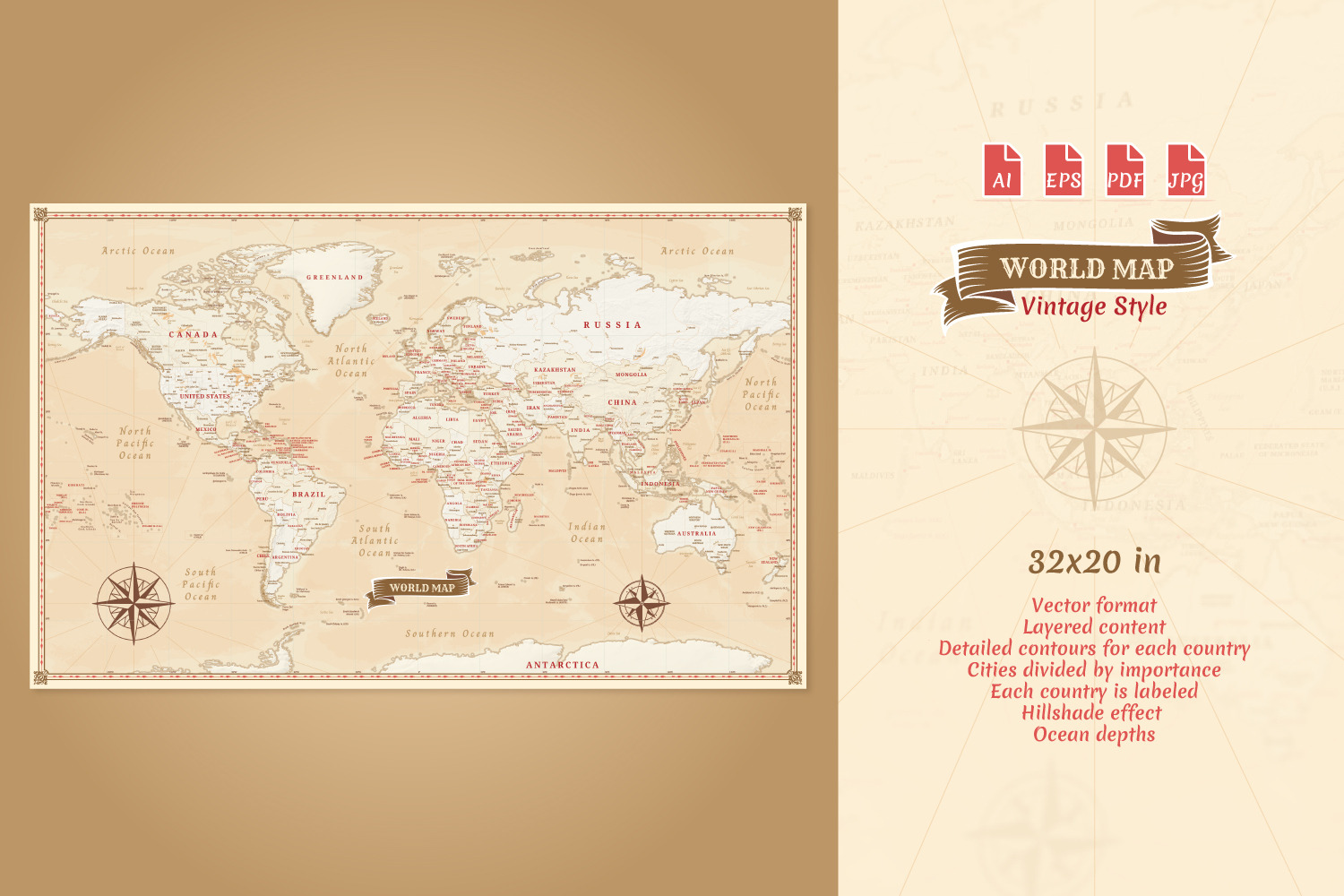 World Map Vector - Vintage Style, an Education Illustration by AdrianDragne